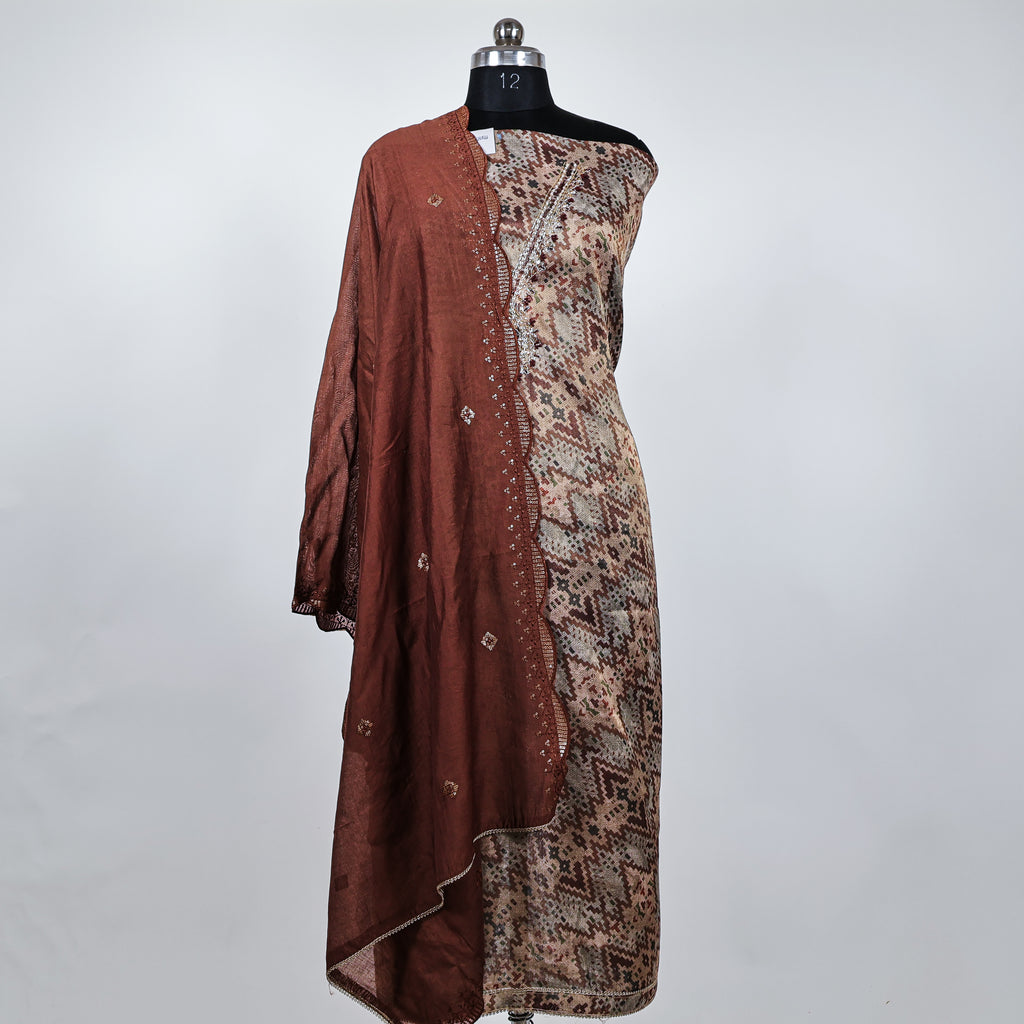 Brown Chikoo Color Tussar Party Wear Suit fabric with V Neck embroider ...